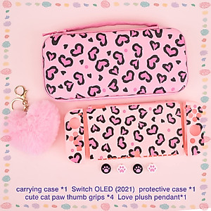 DLseego Pink Love Leopard Carrying Case for Switch OLED, Cute Silicone Protective Soft Cover with 4PCS Thumb Grip Caps and Pink Plush Heart Pendant Hard Storage Case Accessories Kit Bundle for Girls