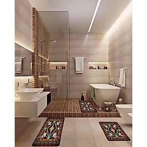 Rustic Southwestern Kitchen Rug Sets 3 Piece Tribal Native American Indian Comfort Mat Geometric Cushioned Floor Mats Washable Doormat Anti Fatigue Non-Slip Bathroom Runner Rugs Bedroom Area Carpet