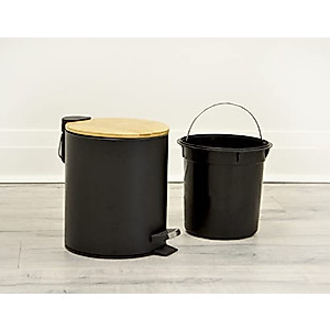 AQ Round Metal 5 Liter/1.3 Gallon Step Trash Can with Removable Liner & Soft Close Lid, Small Garbage Pedal Waste Bin for Bathroom, Bedroom or Office - Matte Black & Bamboo