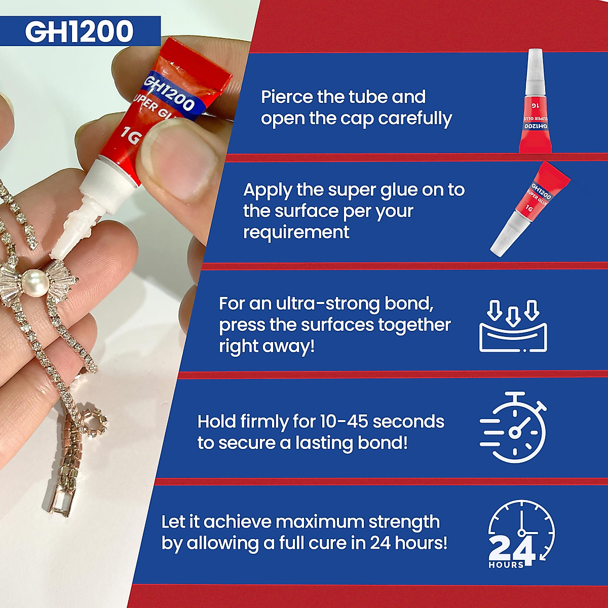 1 Gram (Pack of 24) Single use Super Glue All Purpose, Super Fast, Thick & Strong Adhesive Superglue, Cyanoacrylate Glue for Hard Plastics, DIY Craft, Ceramics, Frame, Leather, Metal Etc