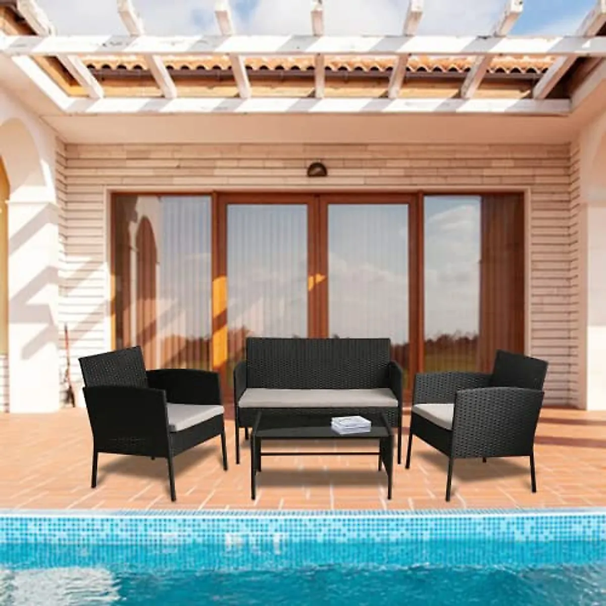 GURLLEU Rattan Sofa Furniture Set, Outdoor Patio Conversation Chair, Loveseat and Tempered Glass Coffee Table, Loveseat for Garden Lawn (Black and White Cushions) (Set 4 Pieces)