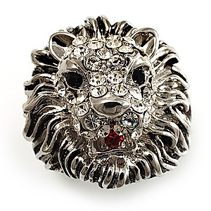 Avalaya Statement Rhodium Plated Crystal 'Lion' Ring - size 9