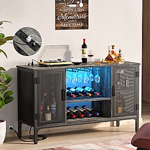 Homieasy Wine Bar Cabinet with Led Lights and Power Outlets, Industrial Coffee Bar Cabinet for Liquor and Glasses, Farmhouse Bar Cabinet with Removable Wine Racks, Black Oak