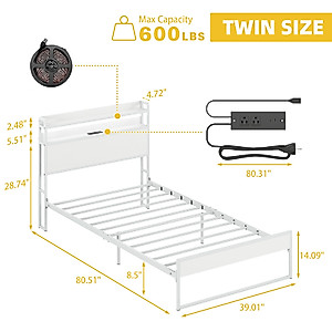 Elephance Twin Bed Frames with Charging Station and LED Lights, Metal Bed Frame with 2-Tier Storage Headboard, No Box Spring Needed, Noise Free, Easy Assembly