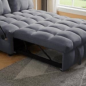 48" Convertible Sleeper Sofa Couch Bed,3-in-1 Velvet Tufted Pull Out Couch with USB&Type-C Charge Ports and Phone Holders,Comfy Modern Loveseat Sleeper Chaise Lounge for Living Room,Small Space(Grey)