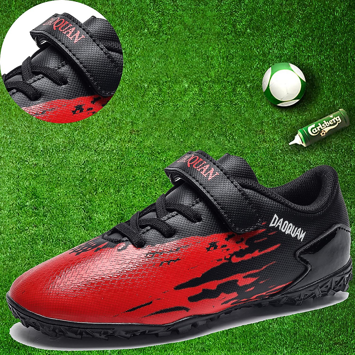 DimaiGlobal Kids Turf Soccer Shoes Boys Girls Football Shoes Athletic Outdoor/Indoor Sports Shoes Youth School Performance Futsal Sneaker Black/Red