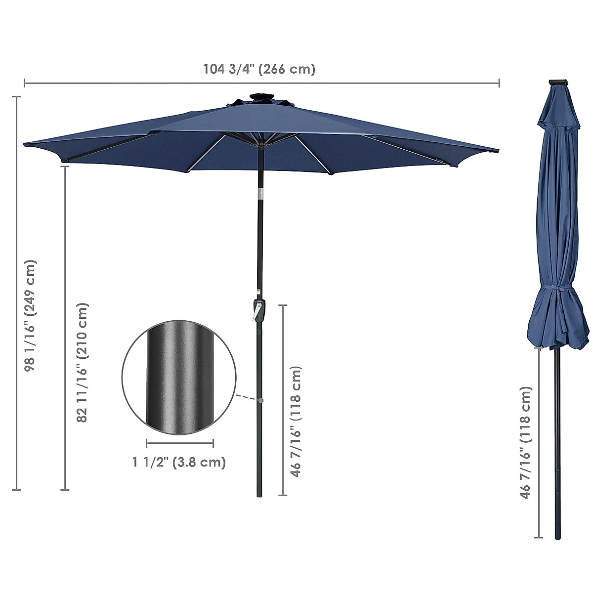 Yescom 9FT 8 Ribs Solar Powered Patio Umbrella with Tilt and Crank Outdoor Market Table Umbrella for Backyard Pool Night Party Event Yard Navy