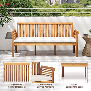 RELAX4LIFE 62.5’’ Outdoor Bench Acacia Wood - 3-Person Patio Bench w/Backrest, Armrests & Removable Seat Cushion, Slatted Wooden Garden Bench for Front Porch Park Backyard, 1200 LBS Weight Capacity
