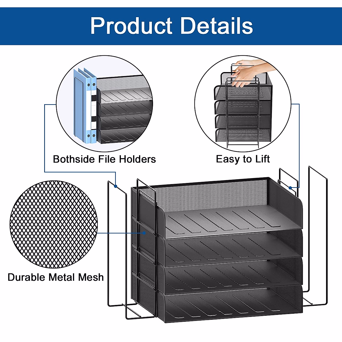LUCYCAZ Desk Organizer with File Holder - File Organizer for Desk, 4 Tier Desktop Organizer Stackable Paper Letter Tray with Magazine Holder, Mesh Desk Paper Storage for Office, School, Home, Black