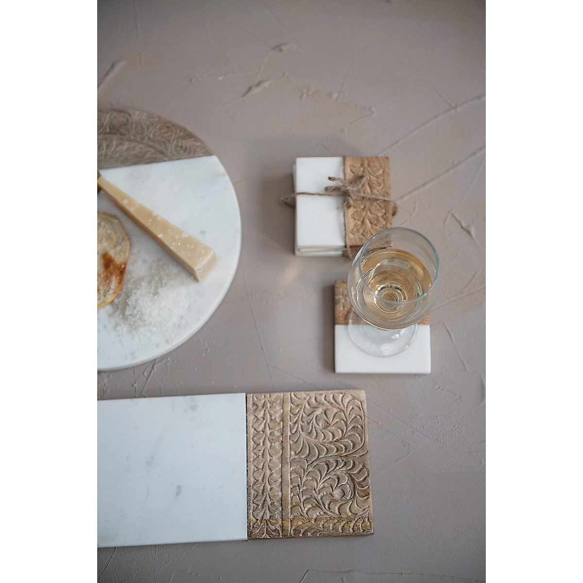 Creative Co-Op Contemporary Mango Wood and Marble Serving Engraved Design Cutting Board, 12" Round, White & Natural