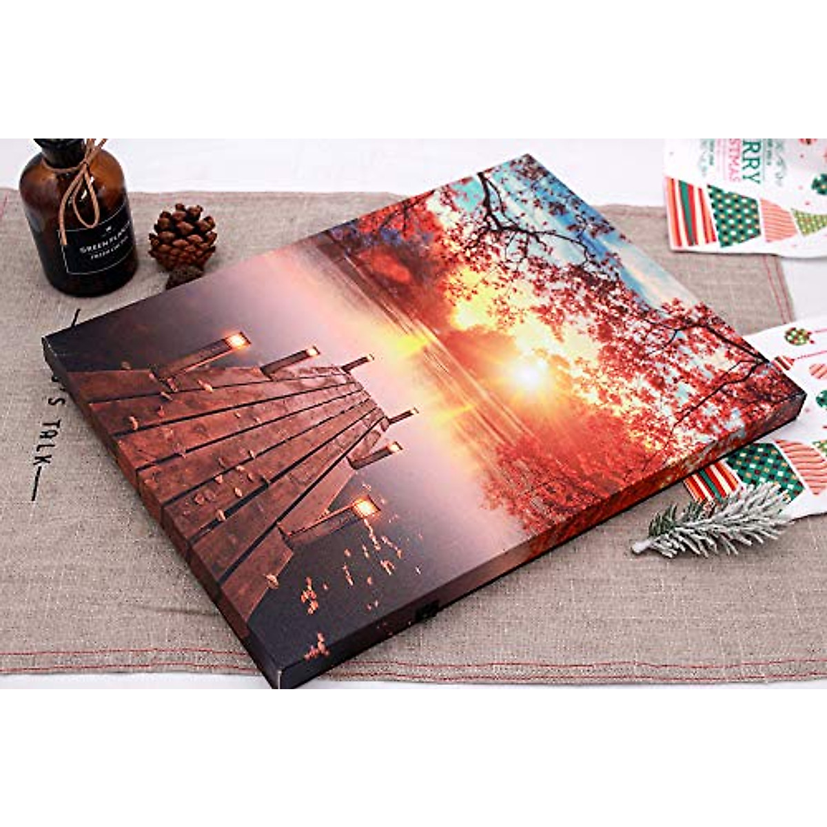 BetyHom Red Maple Sunrise Scenery by the Lake Canvas Wall Art with Lighted Candles LED (15.8x11.8 in)