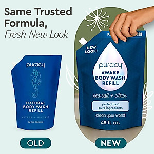 Puracy Body Wash Refill, Natural Body Wash, 98.6% Pure Plant Ingredients, Moisturizing Shower Gel for Women Men Kids, Body Soap for Dry Sensitive Skin Gently Scented with Citrus & Sea Salt, 48 Oz