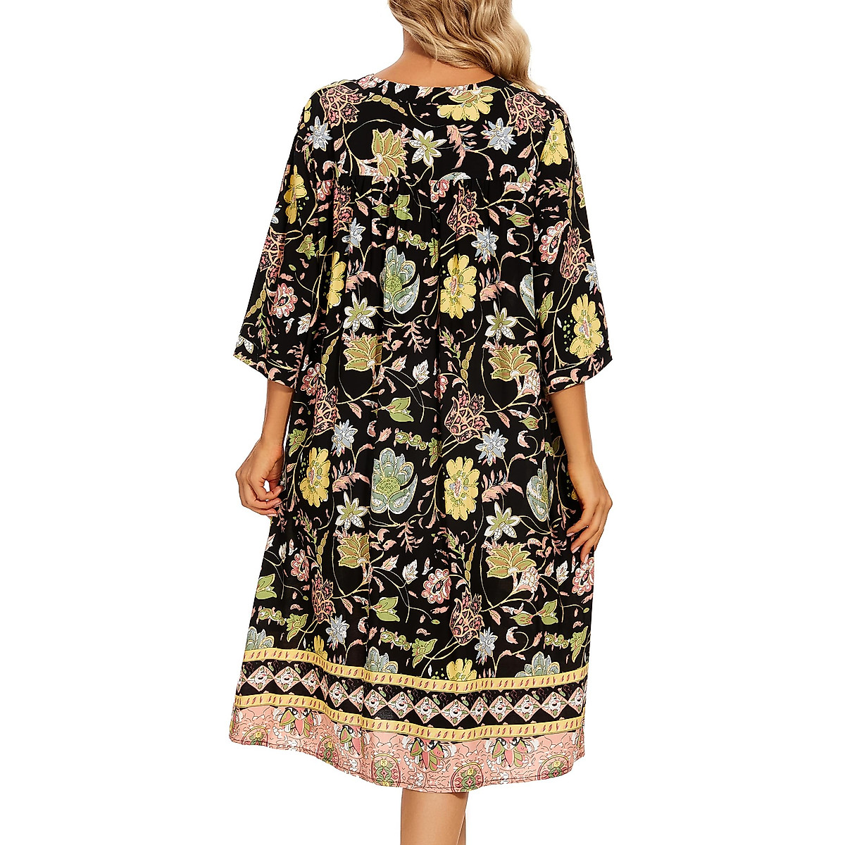 AVIIER House Dress Womens 3/4 Sleeve Floral Print Nightdress with Pockets (Black Flower, Large)