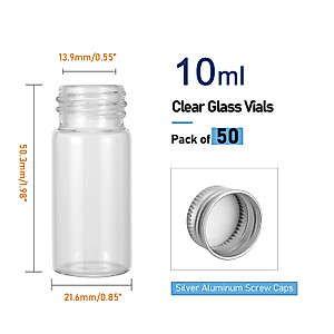 Njvial 50Pcs 10ml(1/3oz) Small Glass Vials with Lids Lab Sample Vials Empty Refillable Mini Glass Bottles with Silver Aluminum Screw Caps for DIY Crafts Essential Oils Storage Wedding Decoration