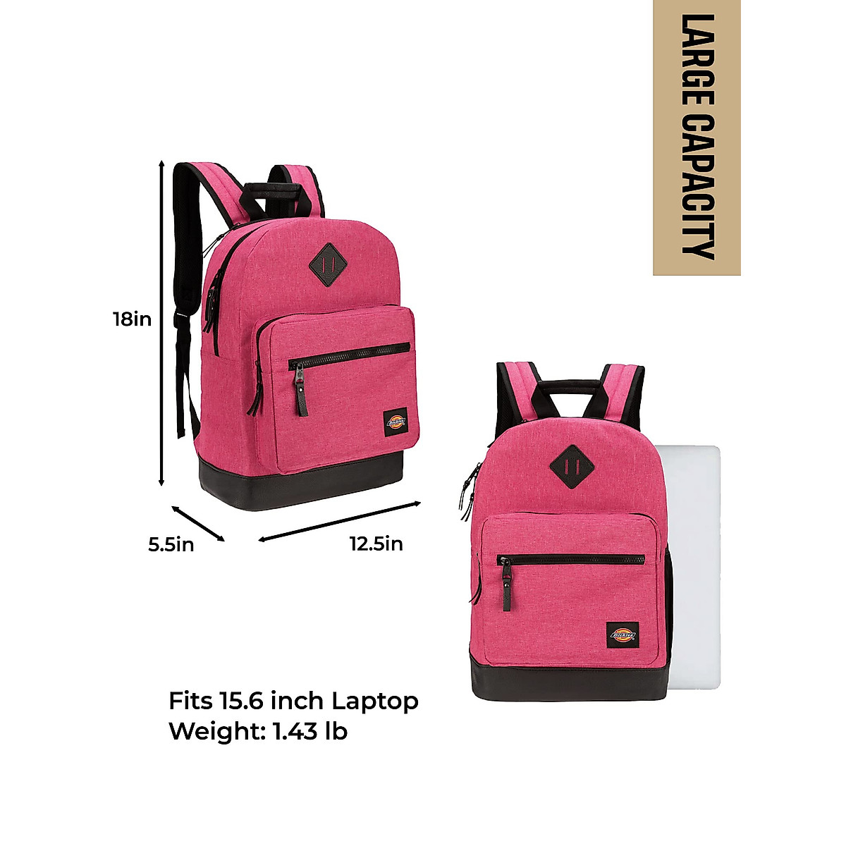 DICKIES Signature Lightweight Backpack for School Classic Logo Water Resistant Casual Daypack for Travel Fits 15.6 Inch Notebook (Pink)