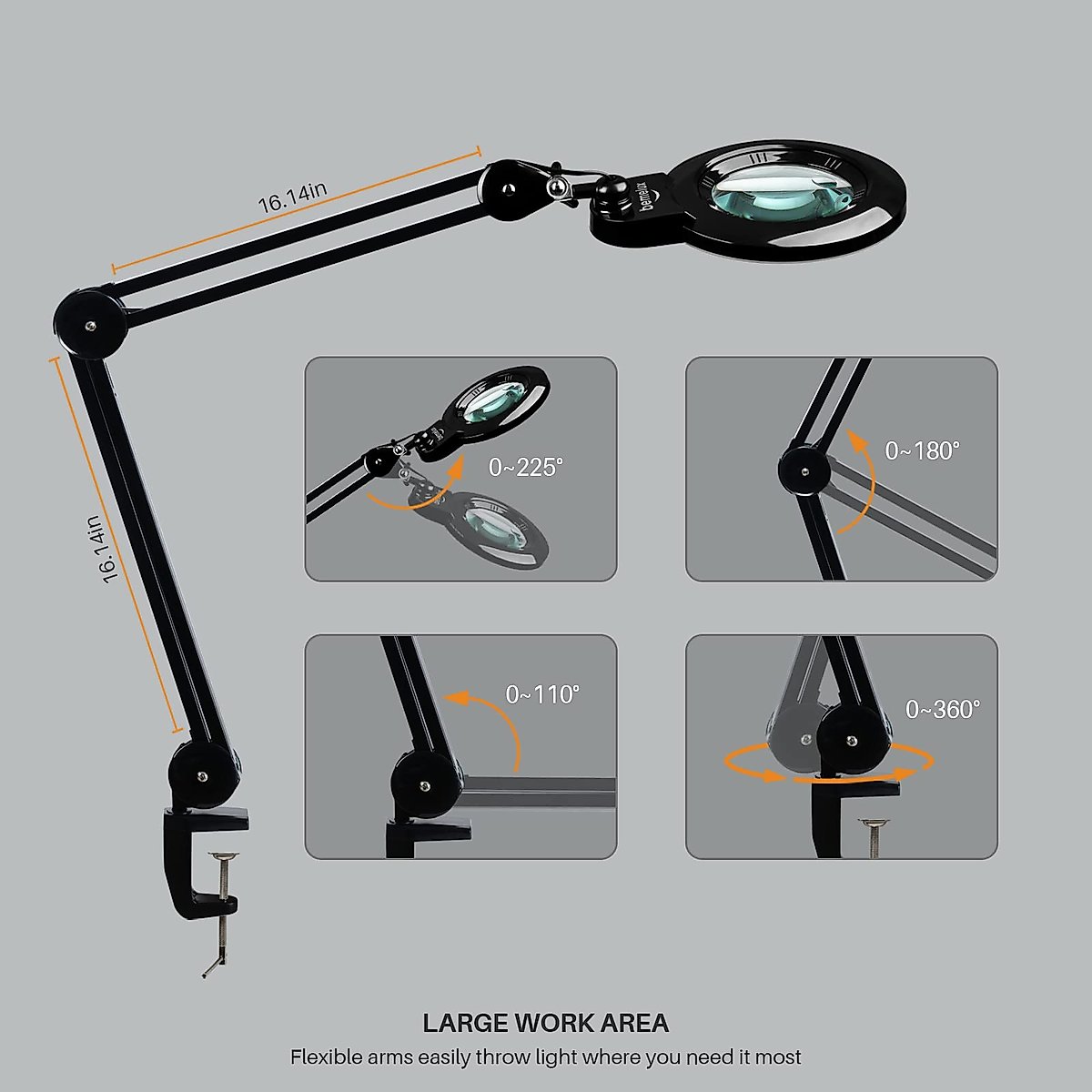 Bemelux Bifocals Magnifying Desk Lamp with Clamp, 5 Diopter with 20 Diopter, 6 Inch Detachable Lens and 120PCS LEDs, 3 Color Modes 1200 Lumens Swivel Arm Magnifying Lamp with Light for Crafts