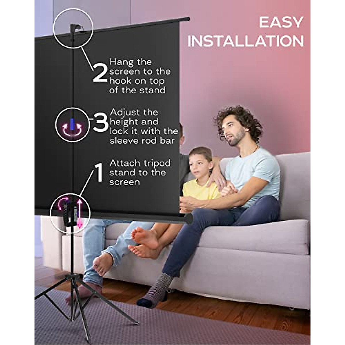 Projector Screen with Stand 84 inch - Indoor and Outdoor Projection Screen for Movie or Office Presentation - 16:9 HD Premium Wrinkle-Free Tripod Screen for Projector with Carry Bag and Tight Straps