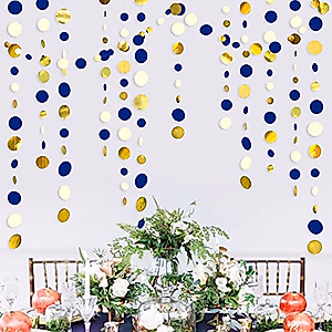 46 Ft Navy Blue and Gold Circle Dots Garland Royal Blue Hanging Paper Polka Dot Streamer for Birthday Wedding Bridal Baby Shower Graduations Nautical Ahoy Achor Pirate Theme Party Decorations Supplies