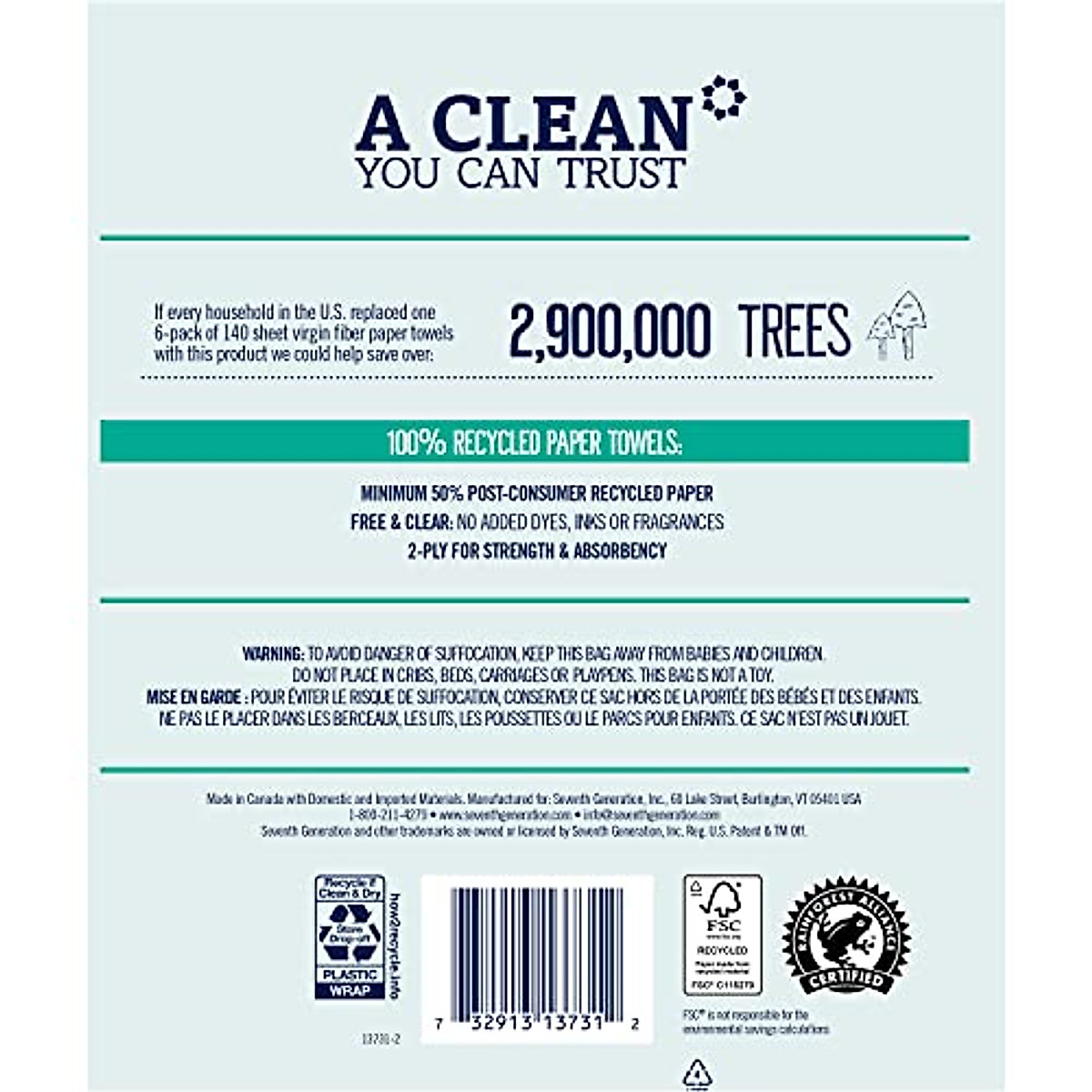 Seventh Generation Paper Towels 2-Ply 4 Pack 100% Recycled Paper 6 Rolls