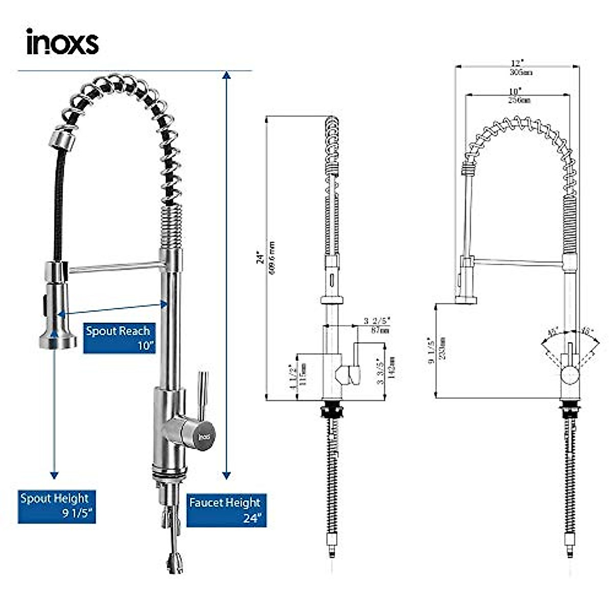 Inoxs24 Inch Commercial Design Single Handle Pull Down Spray T 304 Stainless Steel Kitchen Faucet