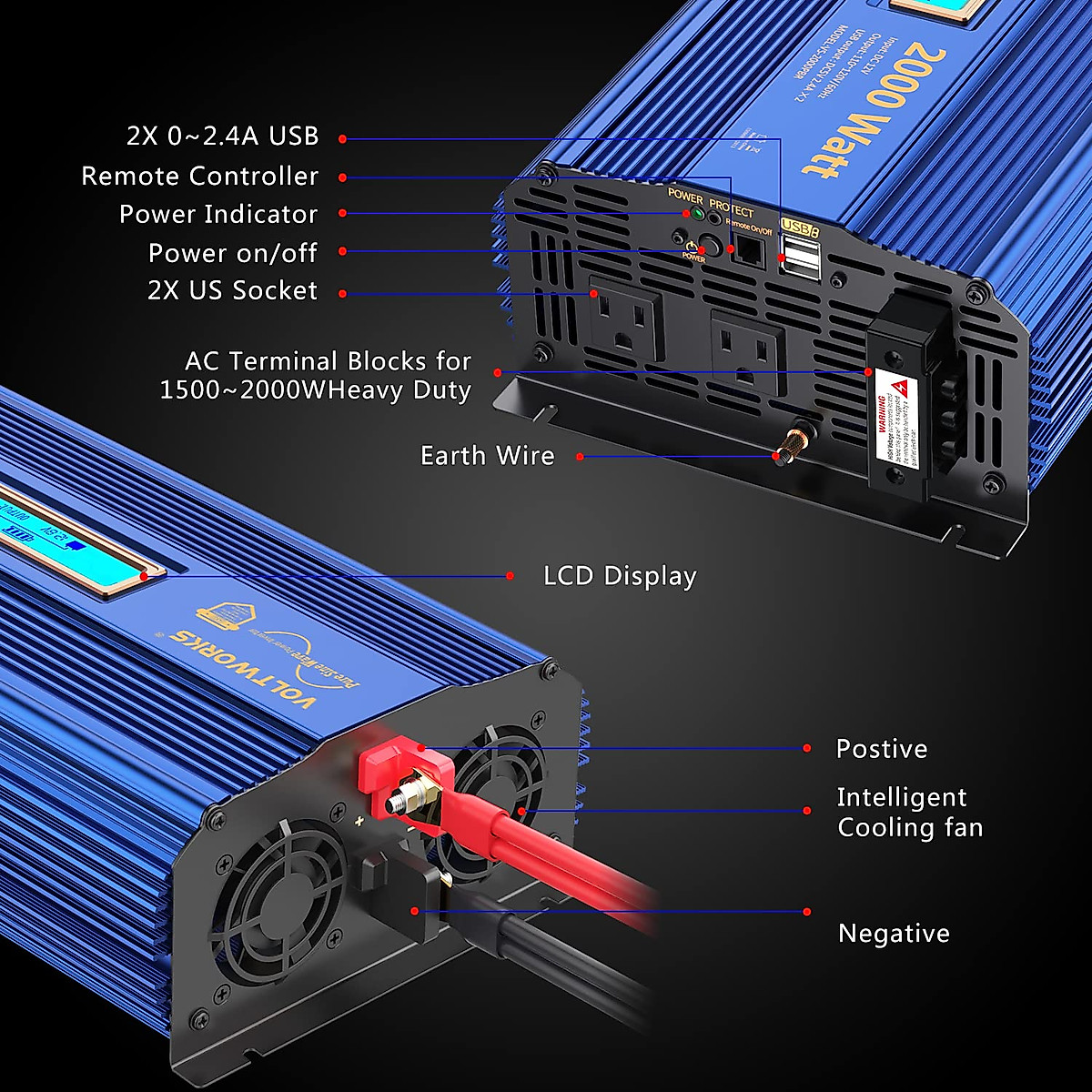 Pure Sine Wave 2000Watt Car Power Inverter ETL UL458 DC 12V to 120V AC with Remote Control and LCD Display 1 AC Terminal Block 2 AC Outlets 2x2.4A USB Ports for RV Truck Boat by VOLTWORKS (12VBlue)