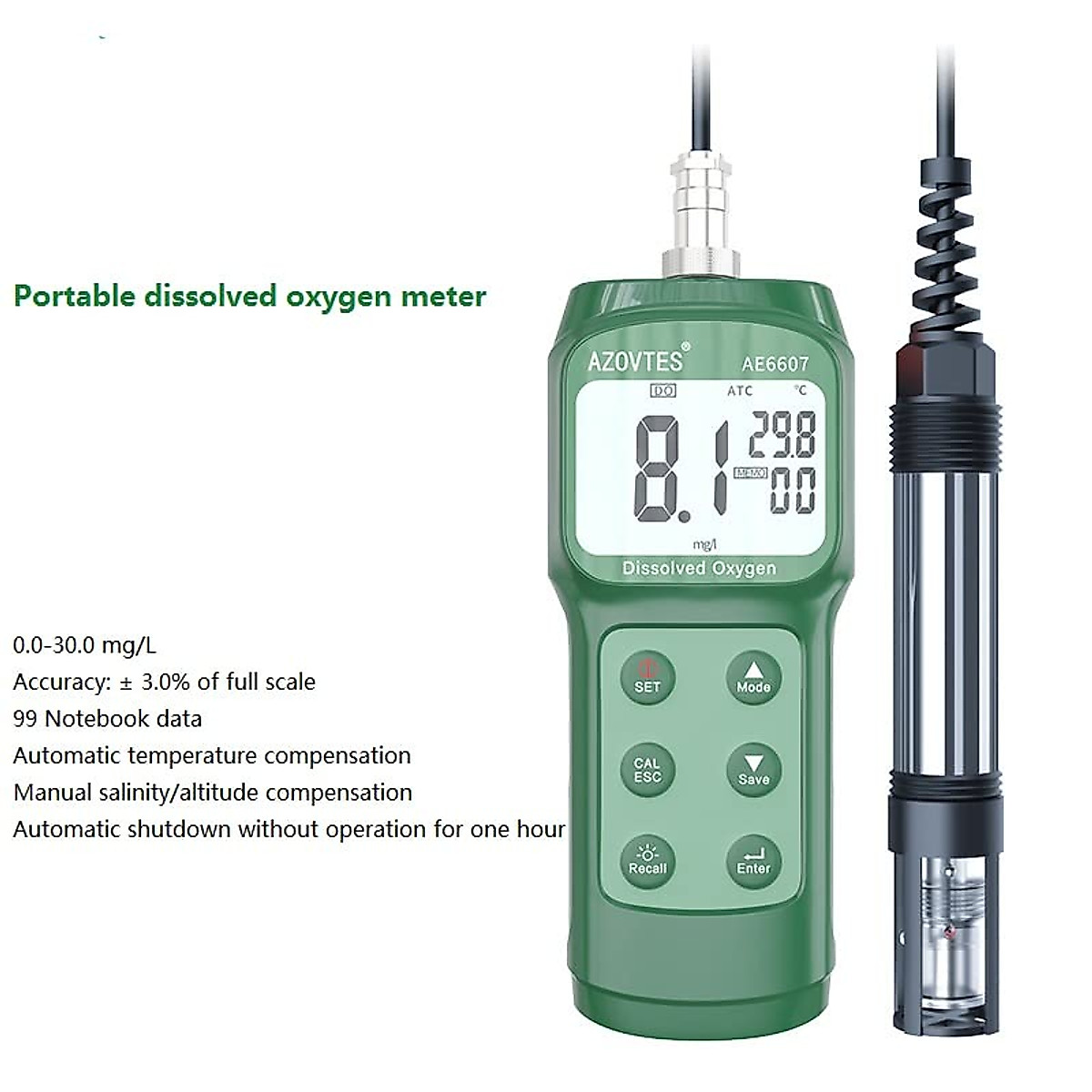 Portable Dissolved Oxygen Meter，Upgrade Temperature, Salinity and Altitude Triple Compensation，Handheld Water Quality Monitor