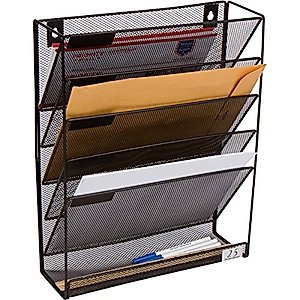 5 Pocket Wall Mounted File Hanging Organizer Metal Mesh Office Home Folder Binder Holder Magazine Mail Rack + Hardware, Black