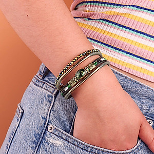 FANCY SHINY Leather Wrap Bracelets Crystal Beads Bracelet Boho Cuff Stone Charm Bracelets with Clasp Costume Jewelry for Women(Dark Green)