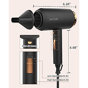 WIZCHARK Hair Dryer with Diffuser, Ceramic Ionic Blow Dryer for Women Curly Hair, Lightweight Compact Professional Salon Hairdryer with Diffuser Attachment, Cool Air Button 2 Speeds/Heats, Black