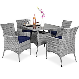 Best Choice Products 5-Piece Indoor Outdoor Wicker Dining Set Furniture for Patio, Backyard w/Square Glass Tabletop, Umbrella Cutout, 4 Chairs - Navy