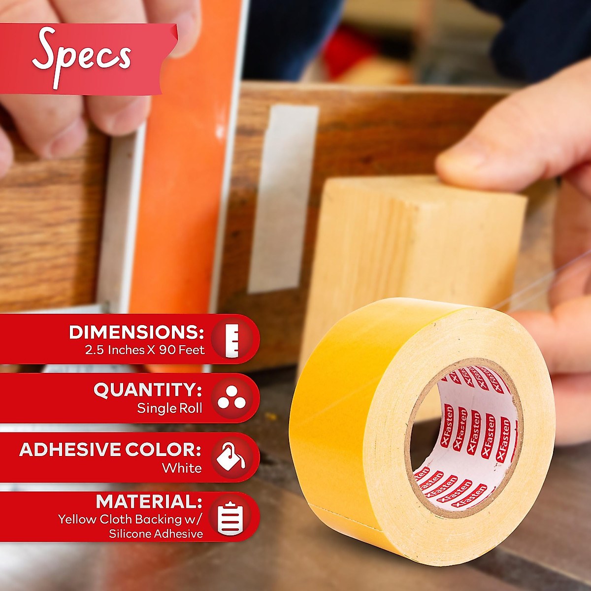 XFasten Double Sided Woodworking Tape w/Yellow Backing 2.5 Inches x 30 Yards