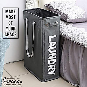 Cloth Clothes Basket, Caroeas 24" Handy Hanging Laundry Basket Tall & Slim Hamper Waterproof Laundry Bag Collapsible Travel Laundry Bag with Breathable Mesh Cover & Soft Handle Laundry Hamper (Grey1)