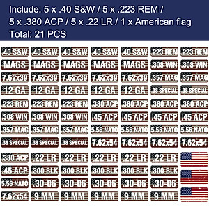 Aolamegs Ammo Can Vinyl Sticker Set Decal Label for Cans Cases Boxes .22 .223 .308 9MM .380 .45 5.56 7.62 12GA 300BLK (Choose Your Version）Black (80 Pack/16 Varieties (3 PCS USA FLAG STICKERS))