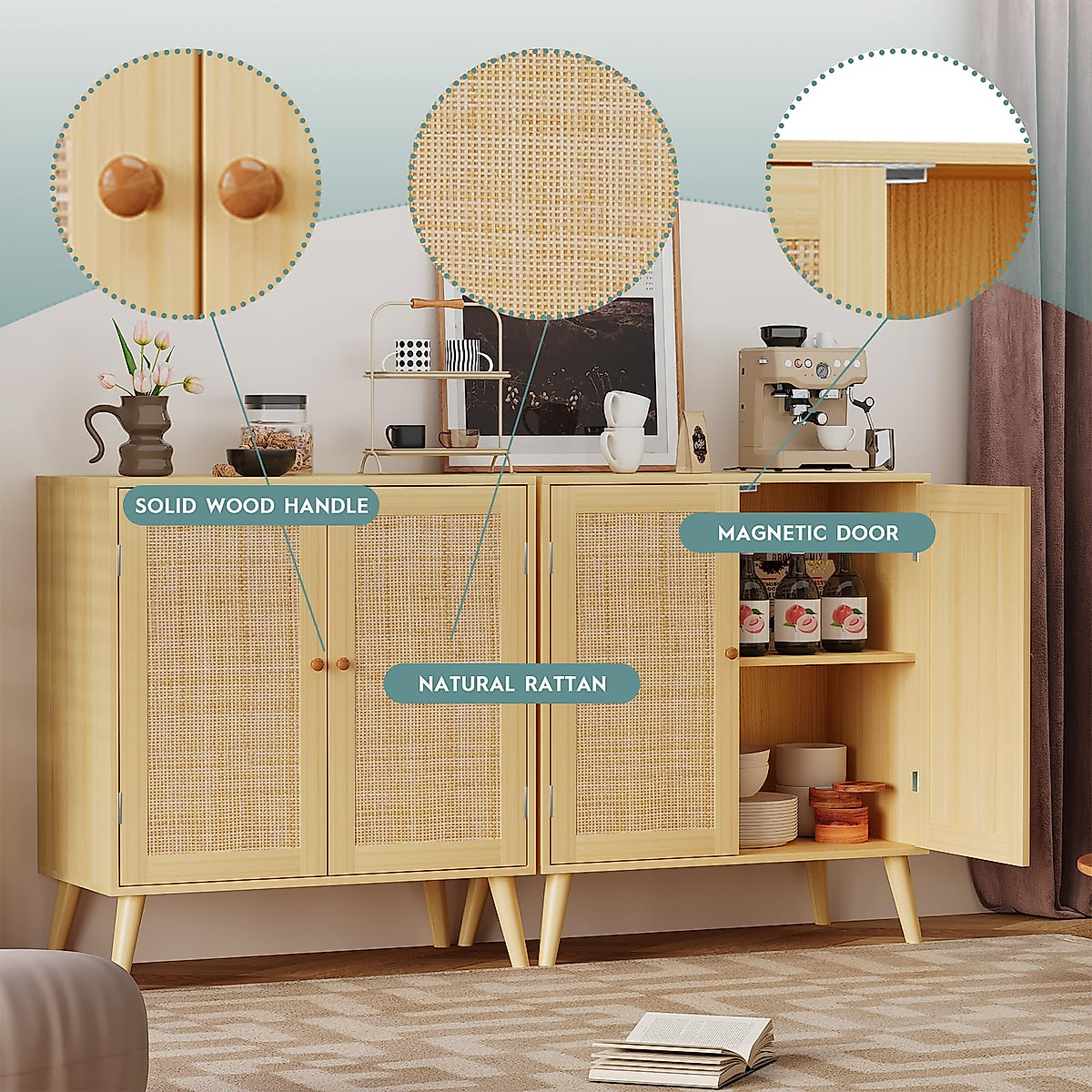 EOYUTLLY Sideboard Buffet Cabinet, Kitchen Buffet Storage Cabinet with Rattan Doors, Accent Cabinet with Adjustable Shelves for Hallway,Kitchen,Living Room, 31.5 x 15.7 x 35 Natural, Assemble Easily