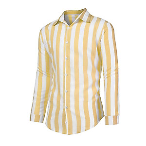 Men Casual Striped Button Down Shirts Long Sleeve Slim Fit Beach Shirt Fall Regular Fit Business Dress Shirt Top (Yellow,X-Large)