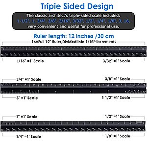Architectural Scale Ruler,12" Aluminum Architect Triangular Ruler Engineers Ruler,Construction rulers for Architects, Blueprint,Students, Draftsmen and Engineers by Soraco(Black)