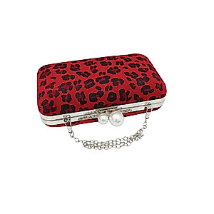 Plush Evening Bag for Women Stylish Leopard Print Handbag Pearl Chain Purse for Party Prom Red