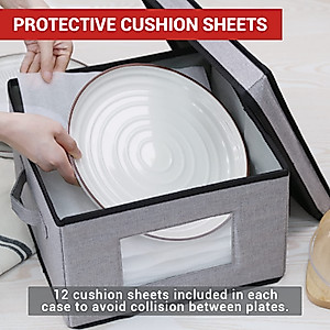 Sakuchi China Storage Containers for Dishes With Handles, Dinnerware Storage Box for Plates with 12 Cushion Sheets, 12"x12", Set of 2 (Grey)