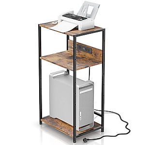 CCCEI Black Computer Tower and Printer Stand with Charging Station, 3 Outlets and Fast Charging USB Ports, 3 Tier Movable Storage Shelf, Tall PC Case or Scanner Table 39 Inches High for Small Office.
