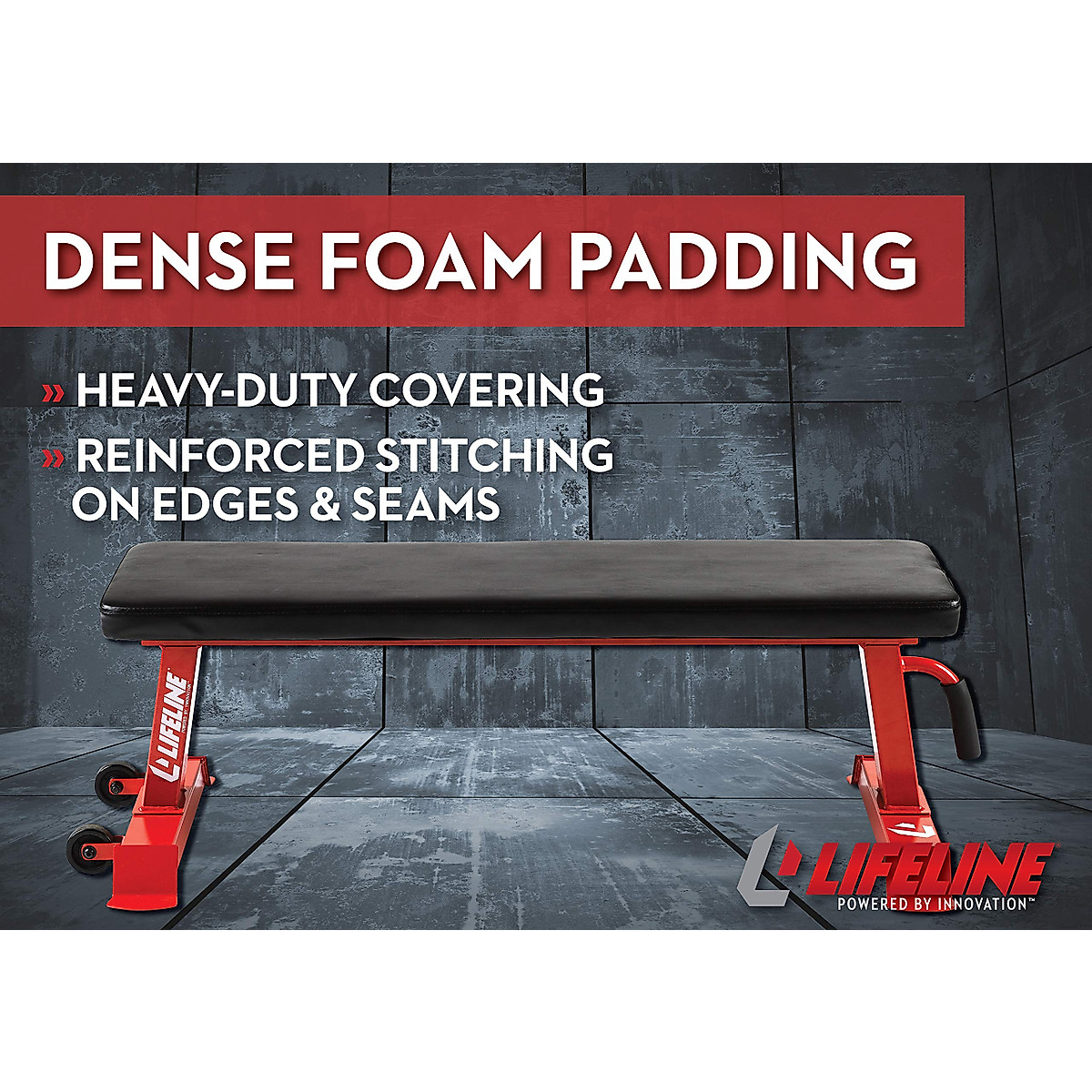 Lifeline Flat Weight Bench Heavy Duty 11-Gauge Steel with Transport Wheels and Handle for Home Gym Workouts