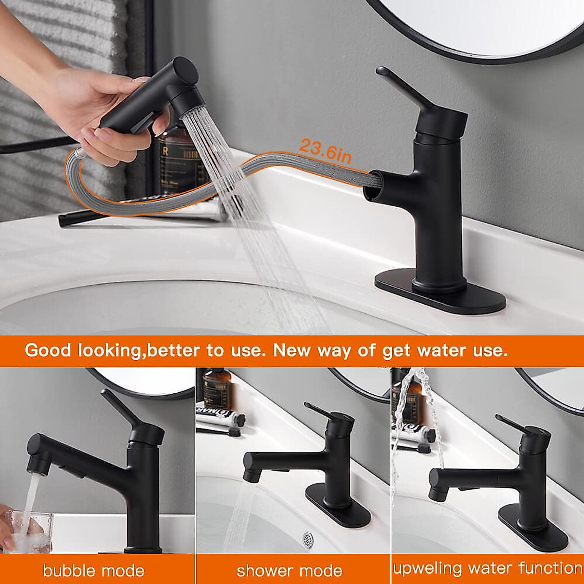 LAZ HOME Bathroom Sink Faucet with Pull Out Sprayer,Brass Single Handle Black Bathroom Basin Faucet with Bathroom Sink Drain Detachable Strainer Basket