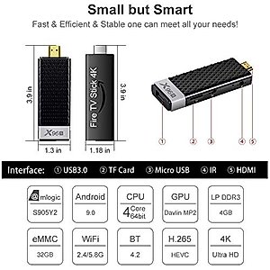 ACEMAX X96S Android 9.0 Pie Smart TV Stick Amlogic Quad Core 64bits 4GB RAM 32GB eMMC Rom Dual WIFI 2.4G 5.8G Bluetooth 4K UHD USB3.0 Port 3D HDR HLG Supported Media Player