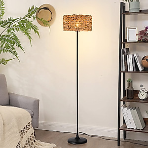 Casamoon Farmhouse Rattan Floor Lamp for Bedroom, Water Lettuce Hand-Knitting Shade Tall Standing Light for Living Room Corner Lighting, Mid Century Rustic Vintage Home Décor, Black
