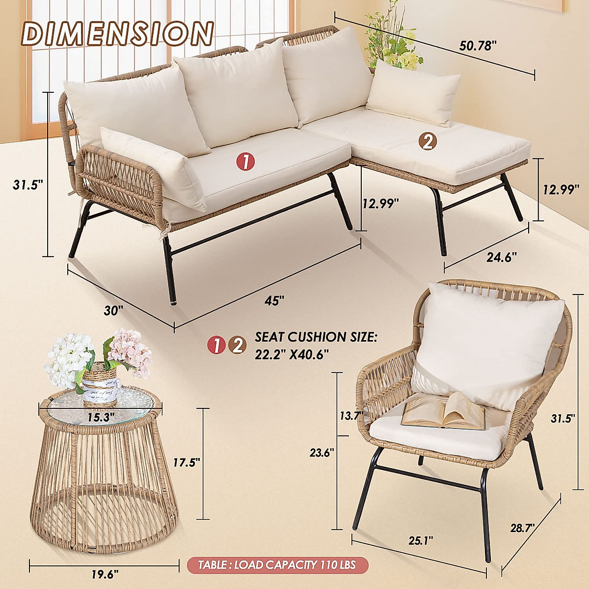 NICESOUL® 6 Pcs Boho Outdoor Small Patio Furniture Lounge Set with Beige Cushion and Round Glass Table with Ice Bucket Natural Color Wicker Conversation Sofa Set for Garden Balcony Deck