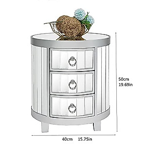 FFNUM Bedside Table Round Bedside Table 3 Drawer Mirror Bedroom Living Room Storage Cabinet Side Cabinet Furniture Mirror Cabinet Night Stand