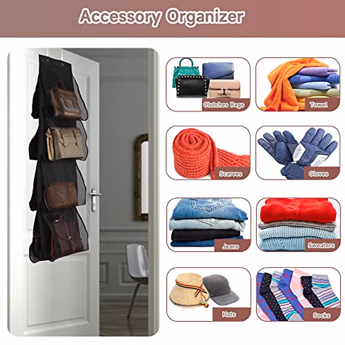 IIITHREE 1 Pack Purse Handbag Organizer, 8 Pockets, Oxford Cloth+Mesh, Hanging Purse Organizer Handbag Storage Over The Door Organizer Hanging Closet Organizer and Storage (Black)