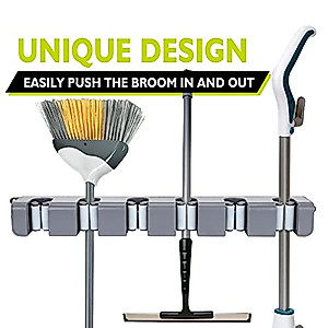 Hikeen Mop Broom Holder Wall Mount Broom Hanger Holds Up to 6 Tools Cleaning Organizer for Home Kitchen Garden Garage Tools Storage