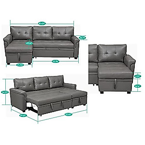 Naomi Home Jenny Sectional Sleeper Sofa - Elegant L-Shaped Couch Convertible Pull-Out Bed, Ample Storage, Timeless Design, Sturdy Construction, Long-Lasting for Modern Living, Air Leather, Gray