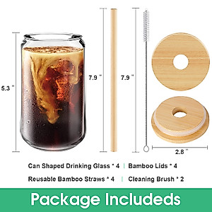 [Upgraded] 16oz Drinking Glasses with Bamboo Lids and Bamboo Straws, 4 Pack Glass Cups Iced Coffee Cup, Beer Glasses, Can Shaped Glass Tumbler for Whiskey, Tea, Water, Soda, Juice, Smoothies, Gift