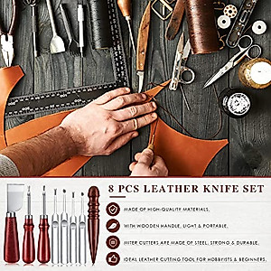 8 Pieces Leather Knife Set, Including Leather Edge Beveler Leather Groover Leather Cutter Wood Leathercraft Edge Slicker Burnisher Leather Crafting Tools Skiving Knife Leathercraft Accessories